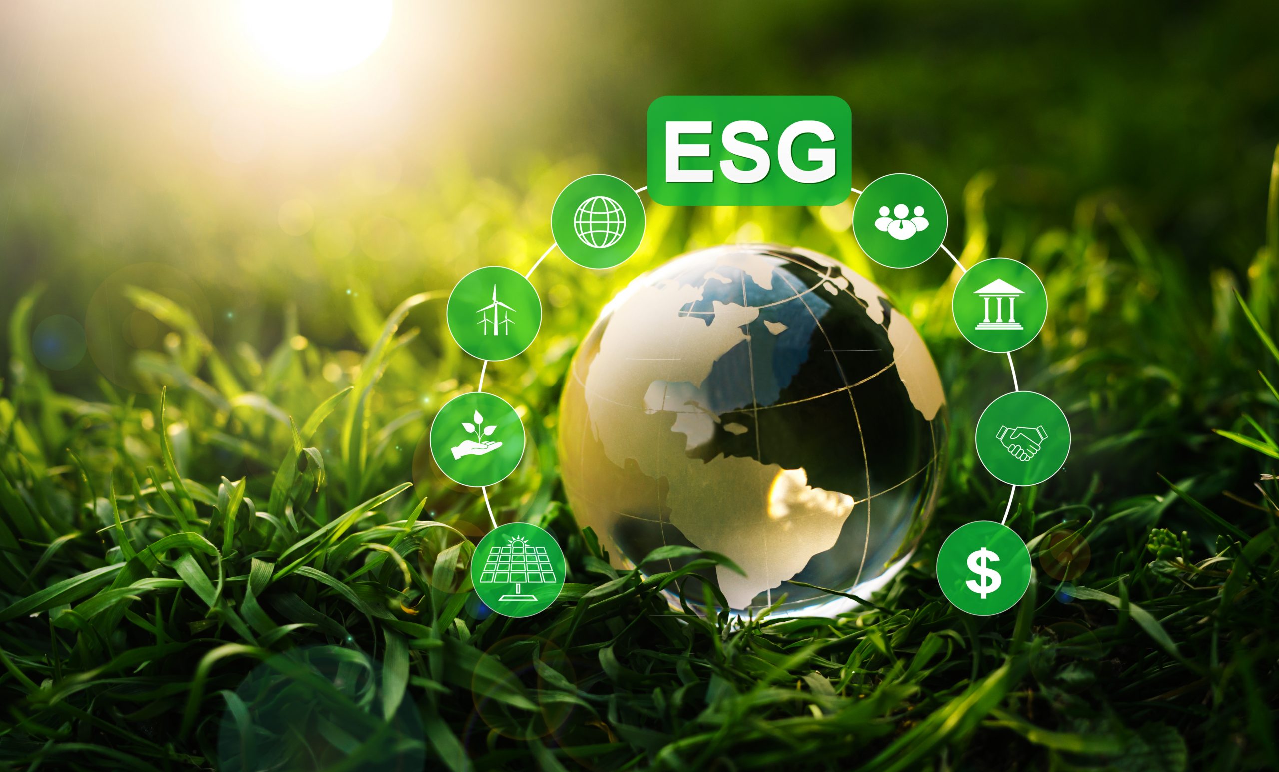 Crystal globe and ESG icons on green background.Environment social and ...